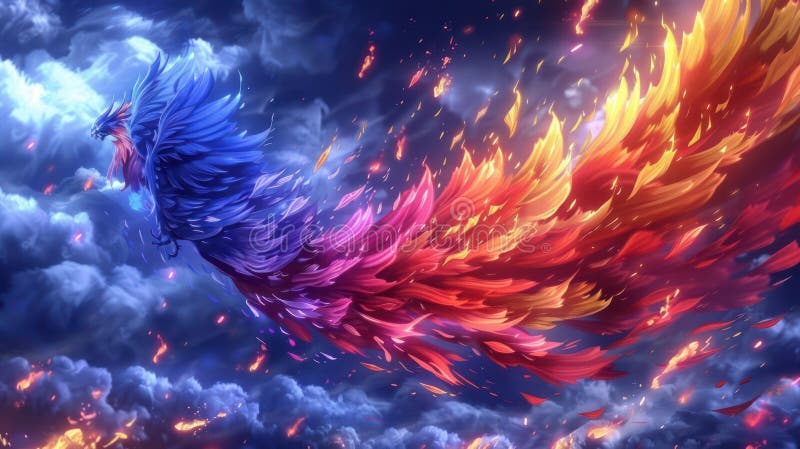 A Vibrant, Mythical Phoenix Soaring through a Dramatic Sky with Fiery ...