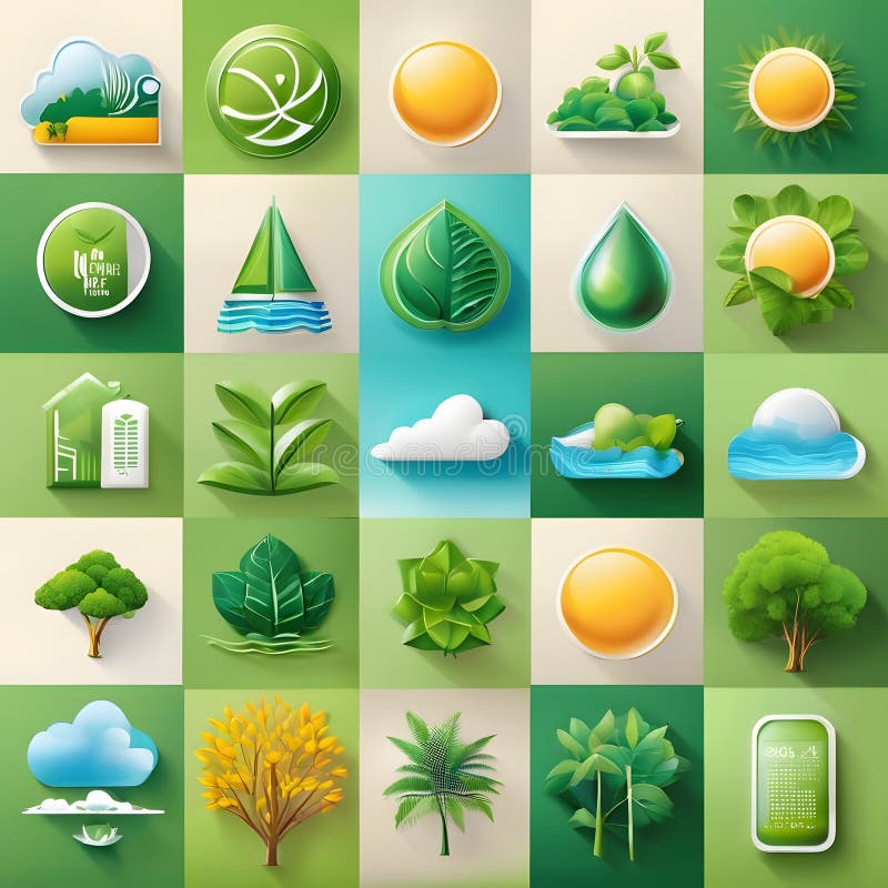 Vibrant Nature Icons Representing Sustainability and Eco-friendliness ...