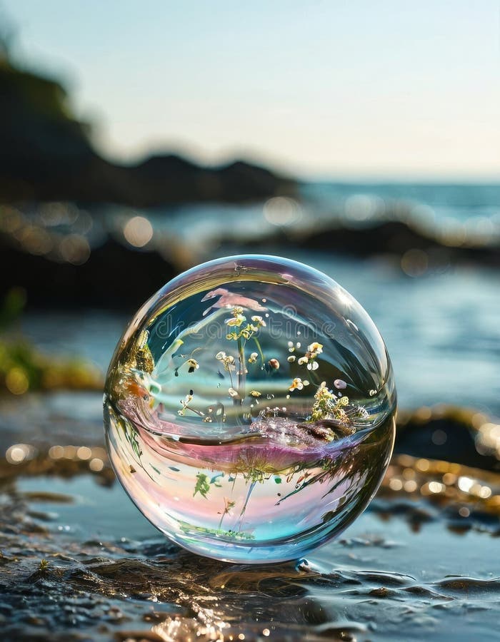 Vibrant Nature Scene Reflected in a Glass Orb by the Ocean Stock Image ...