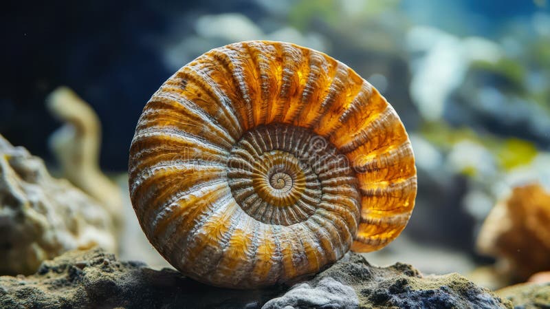 Colorful Nautilus Shell Resting on Rocks in a Calm Aquarium Setting ...
