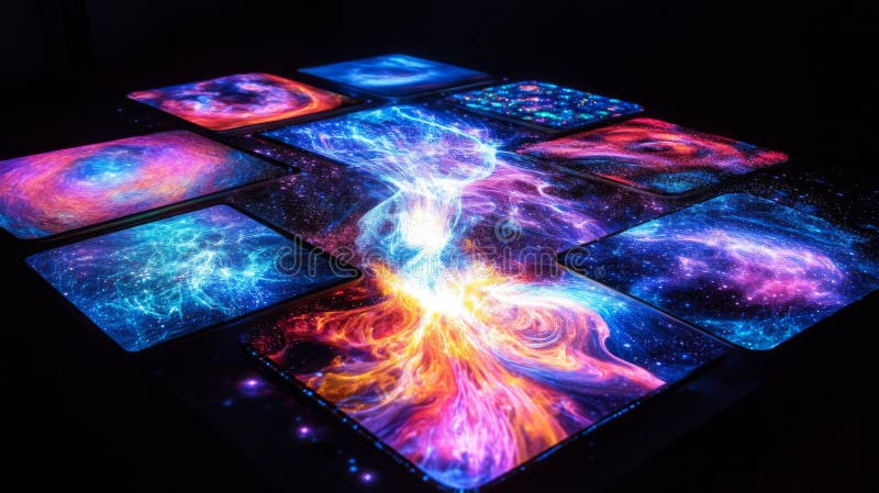 Vibrant Nebula Display: Cosmic Artwork Illuminated on Multiple Screens ...