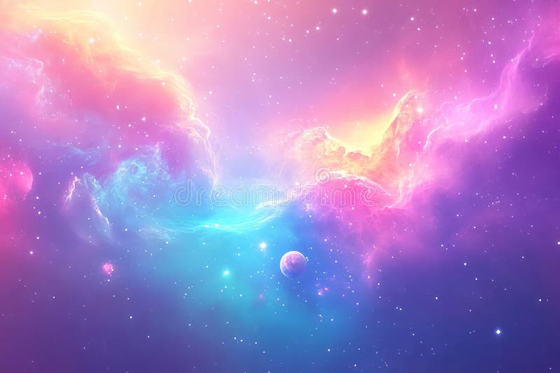 Vibrant Nebula with PlanetsSpacecraft and Dynamic Celestial Elements in ...