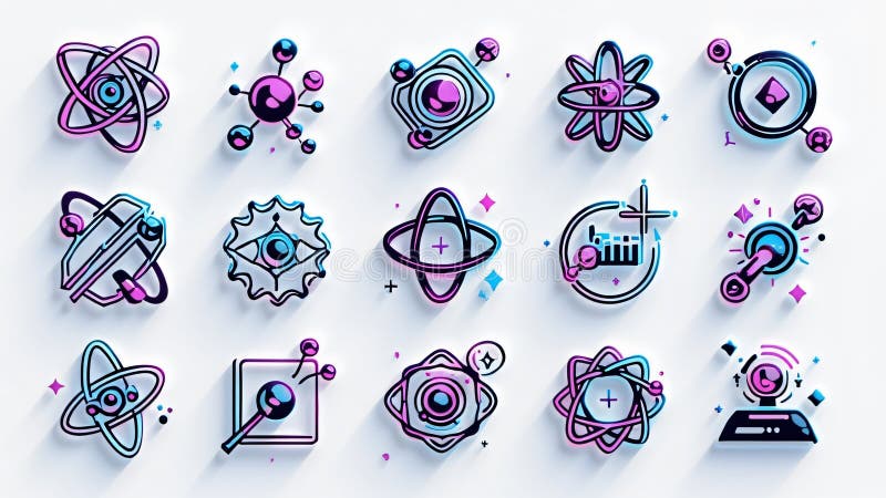Vibrant Neon Atom Molecule Icons Science Tech Good Resolution Stock ...