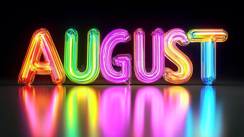 Vibrant Neon August Sign Casts a Colorful Reflection on a Dark Surface ...