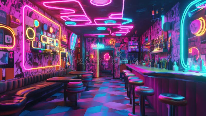 Vibrant Neon Bar Interior with Pixel Art Style Stock Illustration ...