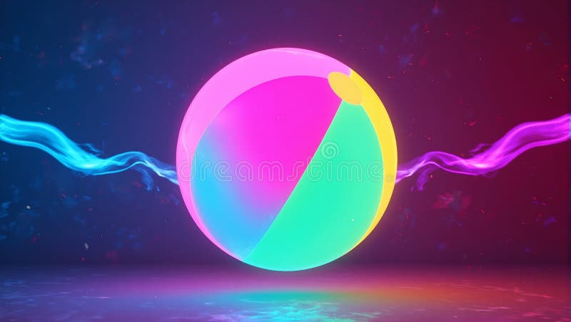 Vibrant Neon Beach Ball Bouncing with Colorful Light Trail Stock ...