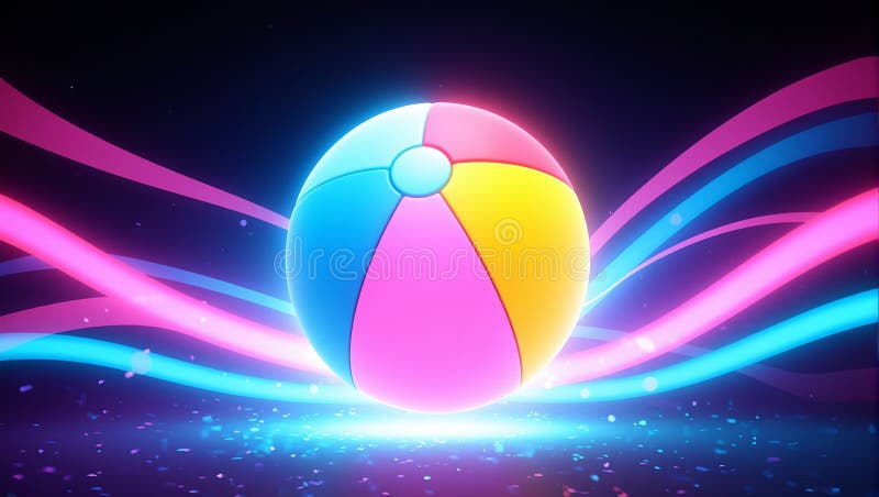 Vibrant Neon Beach Ball Bouncing with Colorful Light Trail Stock ...