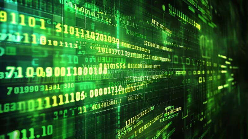 Vibrant Neon Binary Code Grid Set Against Swirling Abstract Shapes for ...