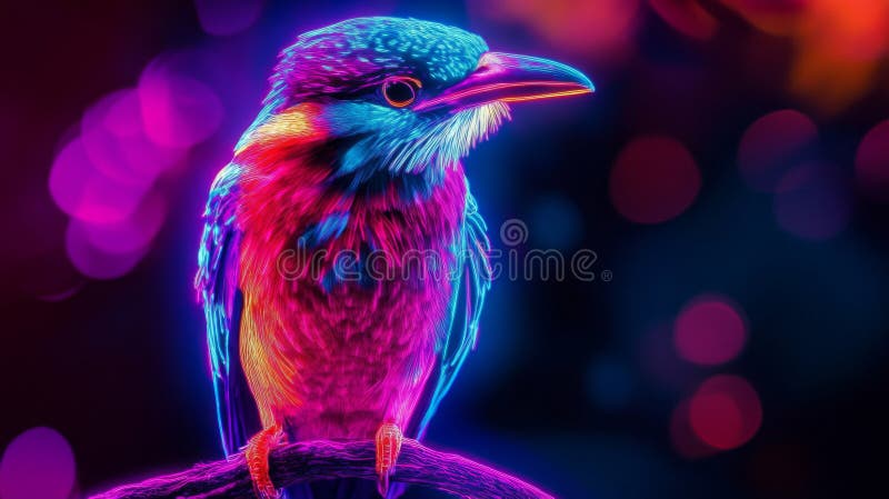 Vibrant Neon Bird in Dark Background Stock Illustration - Illustration ...