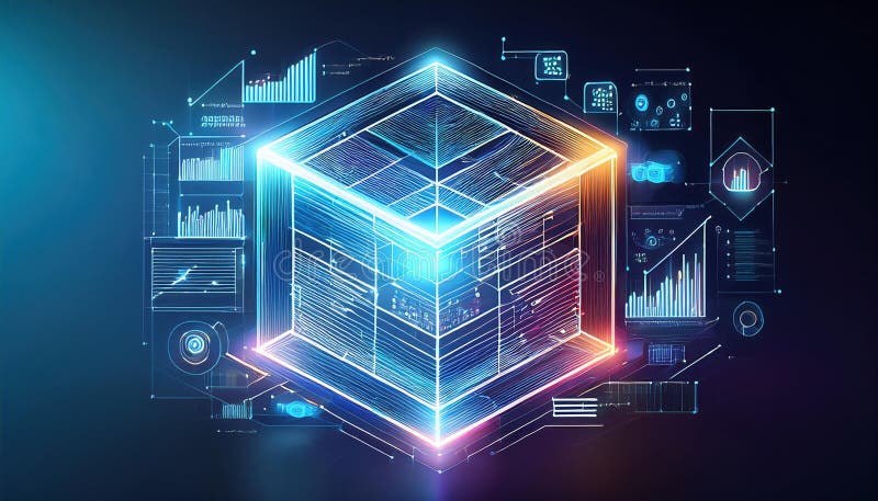 Vibrant Neon Blue Cube Set Against a Deep Blue Background Creating a Futuristic and Abstract ...