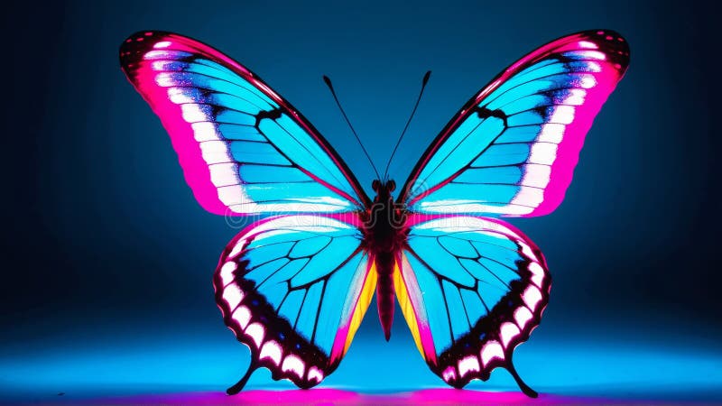 Vibrant Neon Blue and Pink Butterfly on a Luminous Background Stock ...