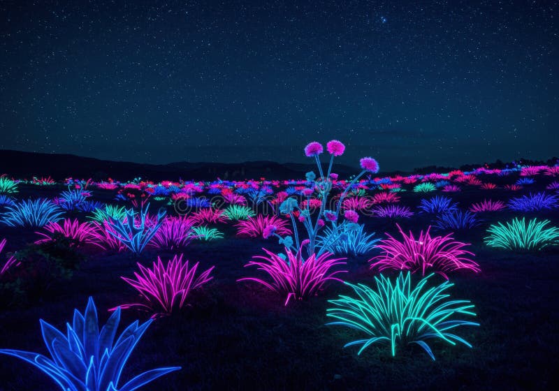 Vibrant Neon Botanical Garden Under a Starry Night Sky Stock Photo ...