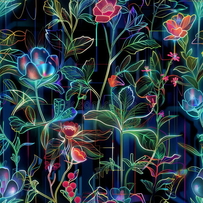 Vibrant Neon Botanical Patterns on Dark Background Stock Photo - Image ...