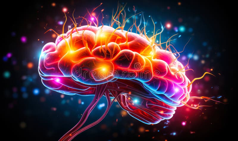 Vibrant Neon Brain Illustration Depicting Neural Activity, Creativity ...
