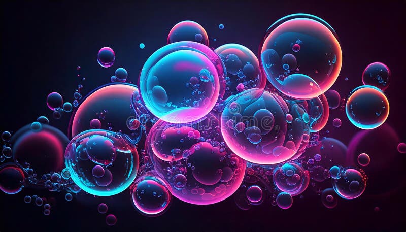 Vibrant Neon Bubbles Floating Against a Dark Background Create a Mesmerizing Visual Effect Stock ...