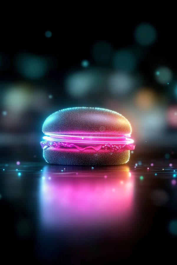 A Vibrant Neon Burger with Glowing Layers Resting on a Reflective ...