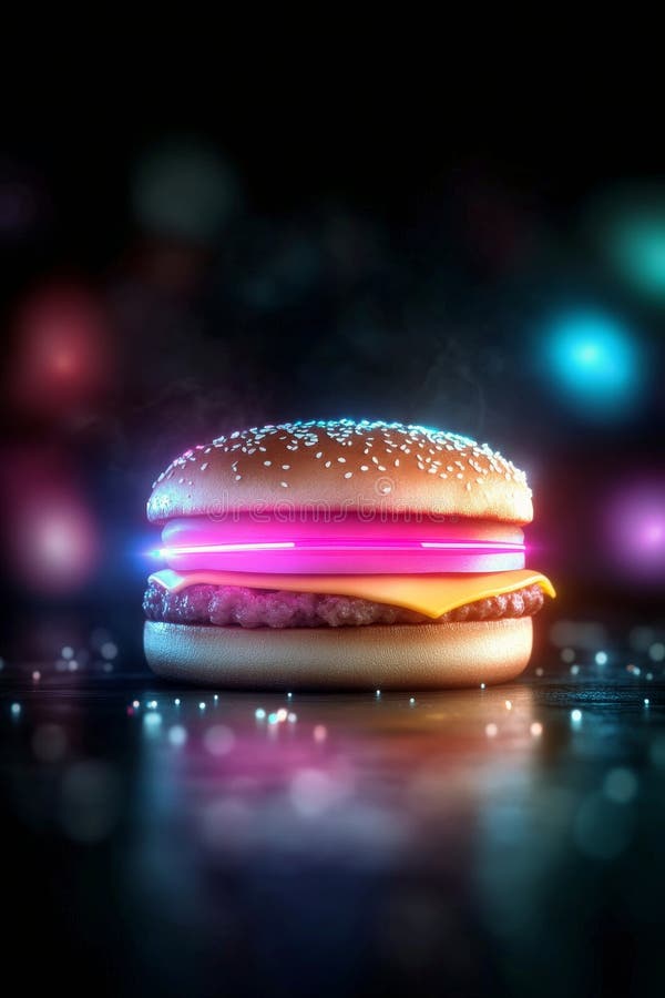 A Vibrant Neon Burger with Glowing Layers Resting on a Reflective ...