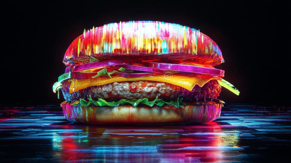 Vibrant Neon Burger on Reflective Surface Stock Illustration ...