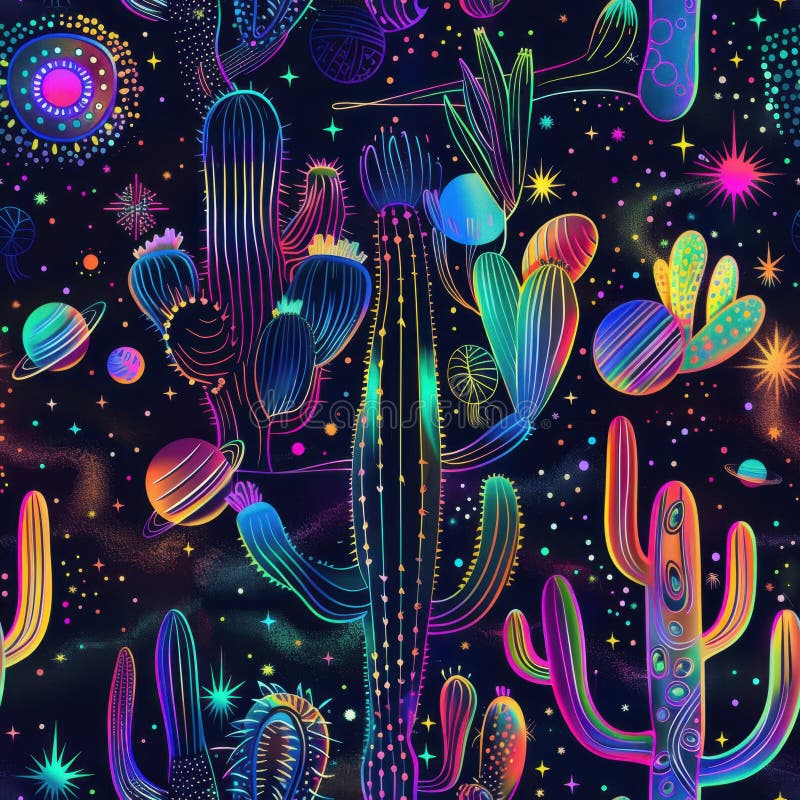 Vibrant Neon Cacti and Succulents in Cosmic Dreamscape Stock Image ...