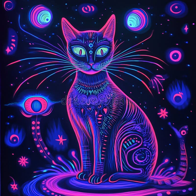 Vibrant Neon Cat with Psychedelic Patterns and Cosmic Element Stock ...