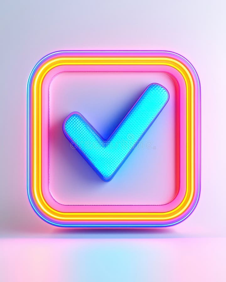 Vibrant Neon Checkmark Icon in Colorful Square Frame 3D Render Stock ...