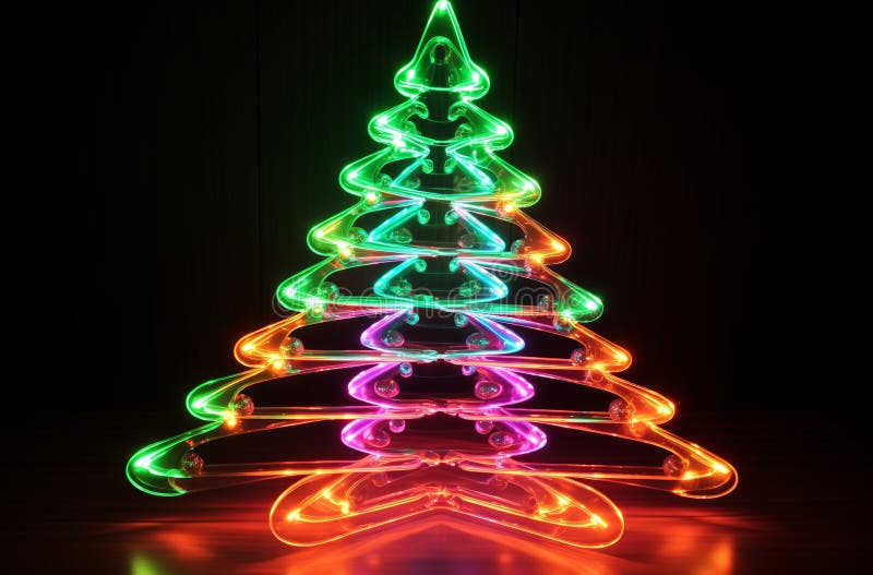 Vibrant Neon Christmas Tree with Reflective Surface Stock Image - Image ...