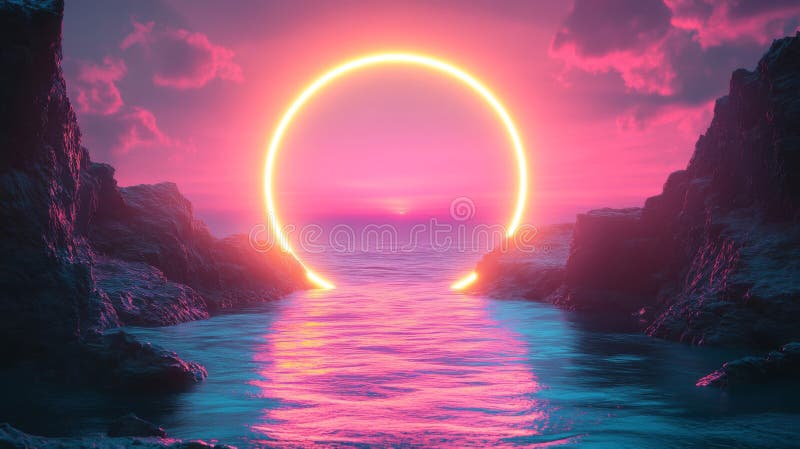 Vibrant Neon Circle Sunset Over Ocean Rocks Stock Illustration ...