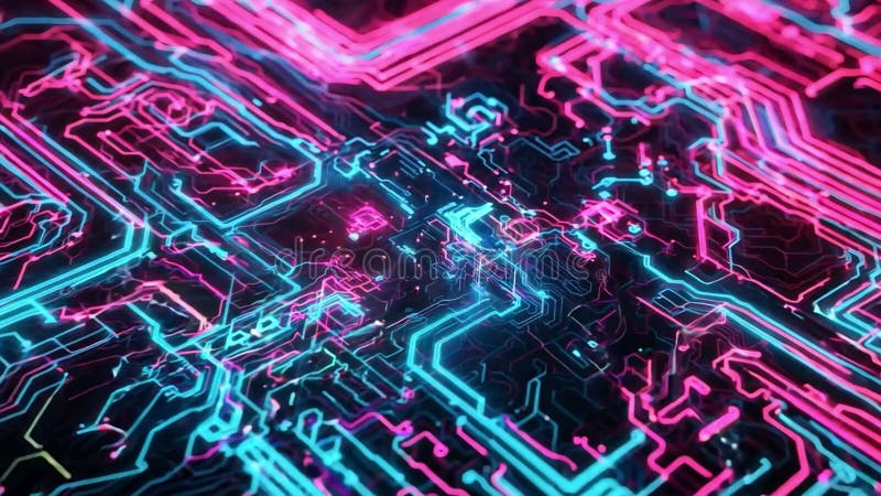 Vibrant Neon Circuit Board Design Showcasing Patterns with Blue and ...