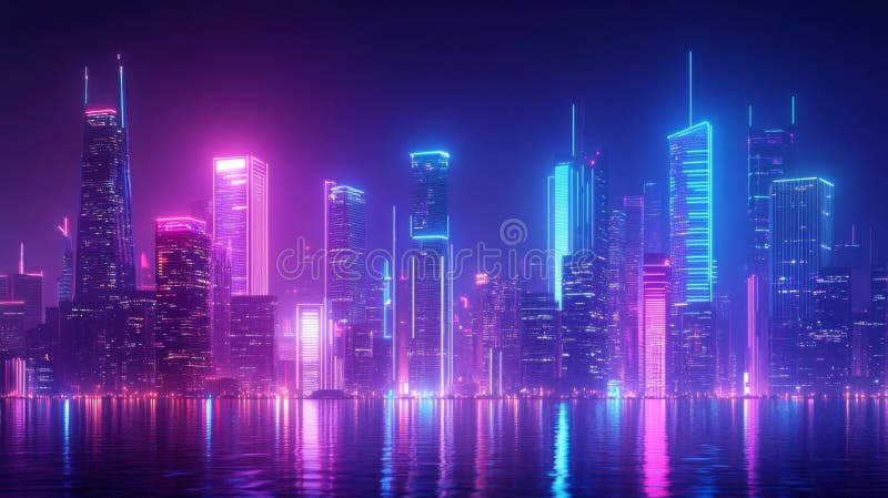 Vibrant Neon City Skyline at Night Stock Illustration - Illustration of ...