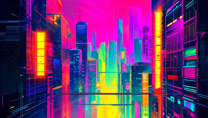 Vibrant Neon Cityscape Glowing in Electric Colors at Dusk Stock ... Vibrant Neon Cityscape Glowing in Electric Colors at Dusk Stock ...