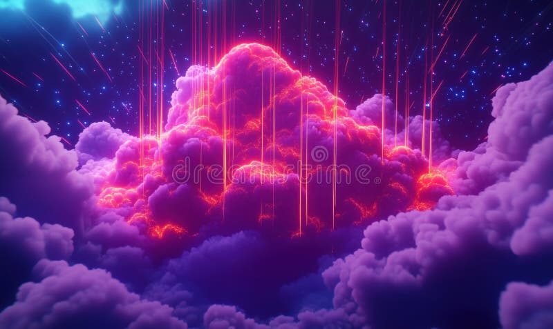 Vibrant Neon Cloud with Glowing Rays and Starry Background in Surreal ...