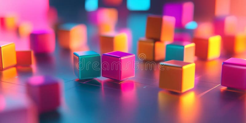 Vibrant Neon-colored Cubes Scattered Across a Light Metallic Surface ...
