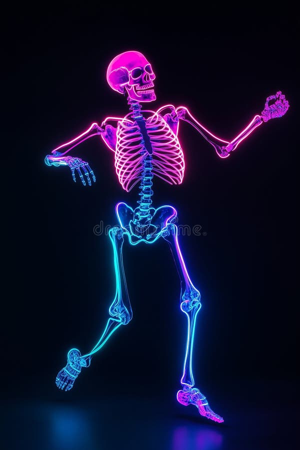 A Vibrant, Neon-colored Skeleton in a Dynamic Pose, with Glowing Blue ...