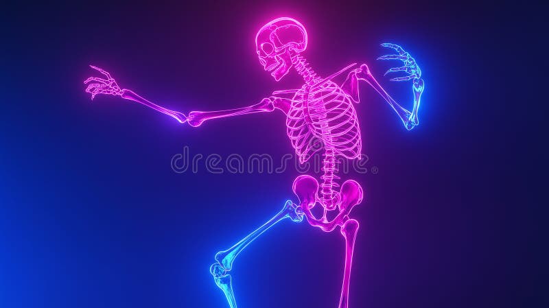 A Vibrant, Neon-colored Skeleton in a Dynamic Pose, with Glowing Blue ...
