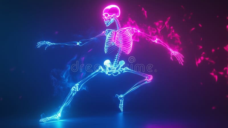 A Vibrant, Neon-colored Skeleton in a Dynamic Pose, with Glowing Blue ...