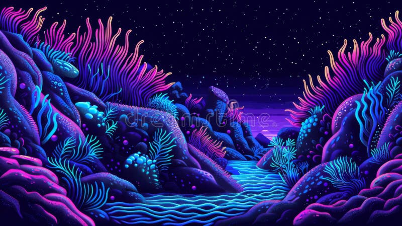 Vibrant Neon Coral Reef Under Starry Night Sky Stock Image - Image of ...