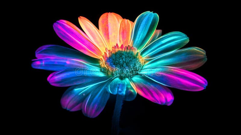 Vibrant Neon Daisy Flower on Black Background Stock Illustration ...