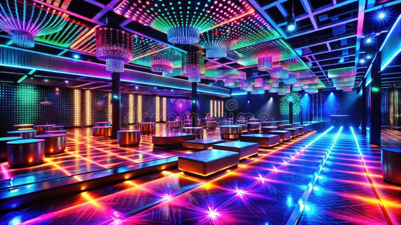Vibrant Neon Dance Floor with Illuminated Seating and Dazzling Ceiling ...