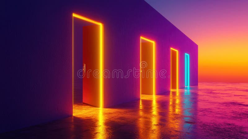 Vibrant Neon Doors Surreal Landscape Digital Art Modern Environment ...