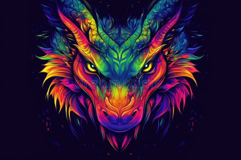 Vibrant Neon Dragon Face Emerging from Darkness Stock Photo - Image of ...