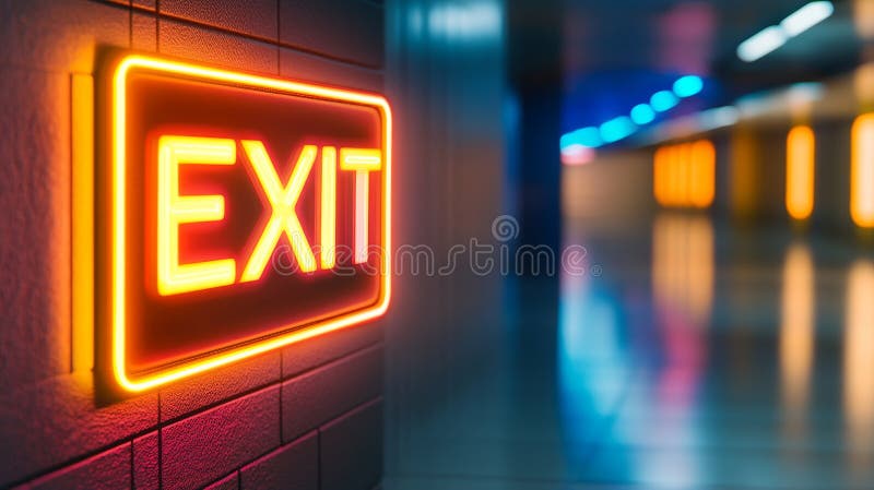 Vibrant Neon Emergency Exit Sign Illuminating a Dark Corridor, Guiding ...