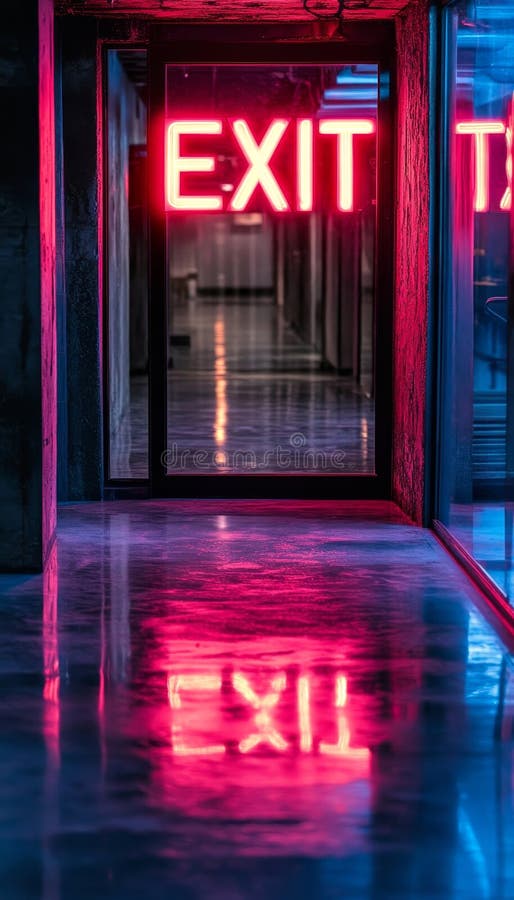 Vibrant Neon Exit Sign Illuminates Dark Corridor, Providing Safe ...