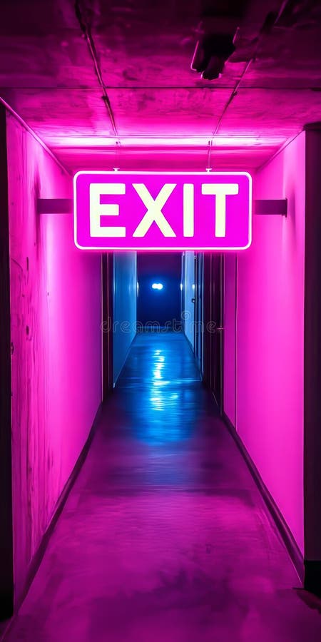 Vibrant Neon Exit Sign Illuminates Evacuation Route in Hallway Corridor ...