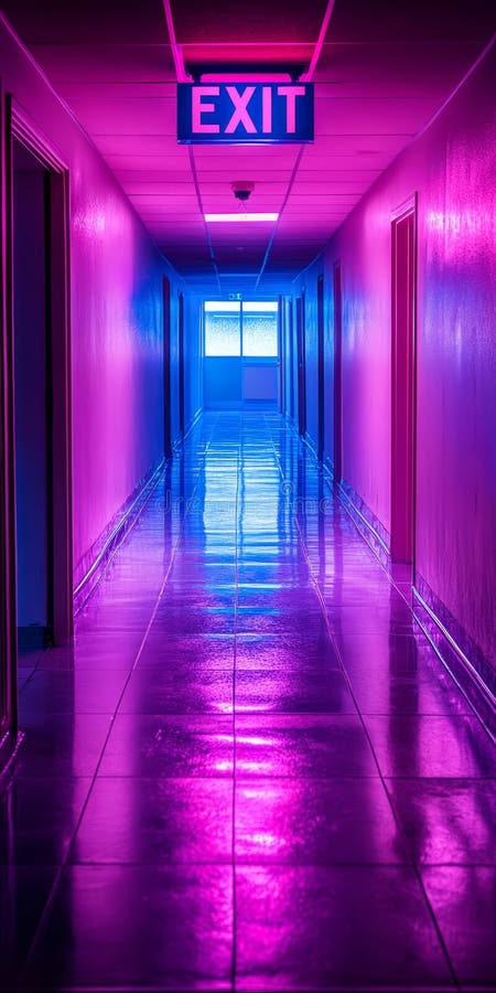 Vibrant Neon Exit Sign Illuminating a Corridor in a Retrofuturistic ...