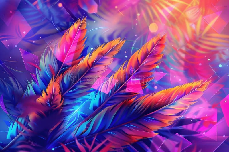 Vibrant Neon Feather Design with Abstract Geometric Elements and Light ...