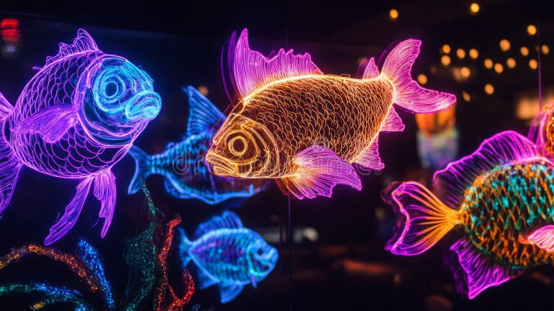 Vibrant Neon Fish Illuminated Art Installation Stock Illustration ...