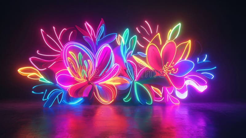 Vibrant Neon Floral Arrangement on Dark Reflective Surface Stock ...