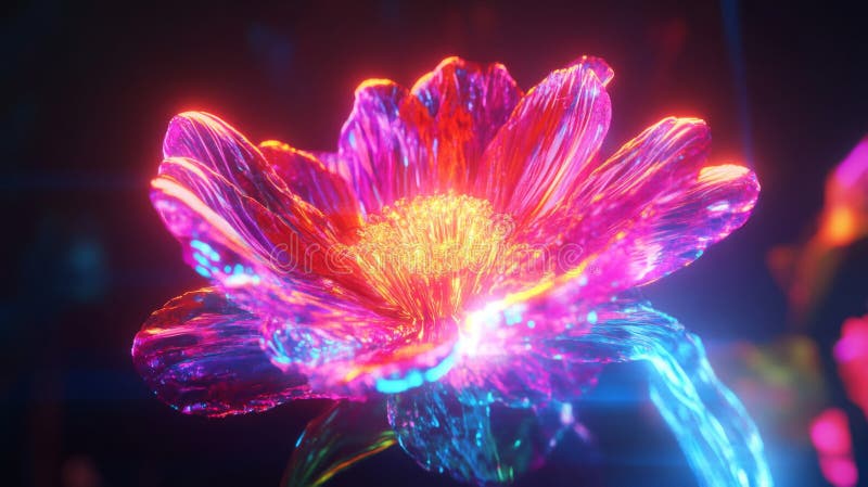 Vibrant Neon Flower Digital Art with Glowing Petals Stock Illustration ...