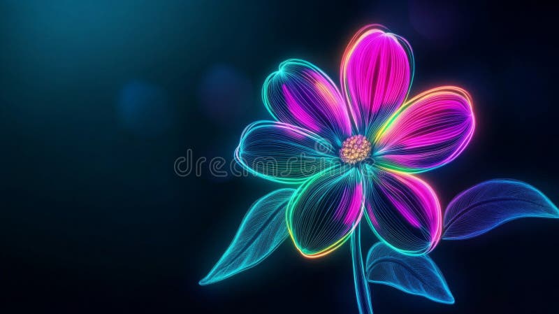 Vibrant Neon Flower with Glowing Petals and Leaves Stock Illustration ...