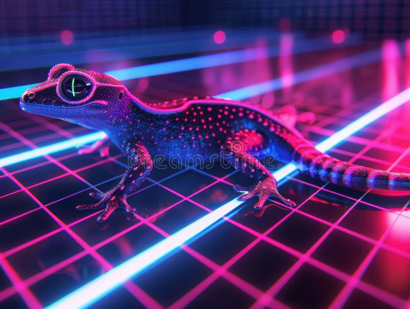 Vibrant Neon Gecko in Futuristic Grid Landscape Stock Illustration ...